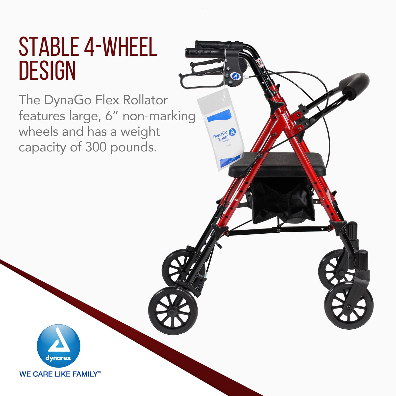 Dynarex DynaGo Flex Rollator - Foldable, Portable, Stand-Up Rolling Walker - 6” Wheels, Adjustable Seat Height & 300 lb. Weight Capacity, Red Frame, 1 Rollator