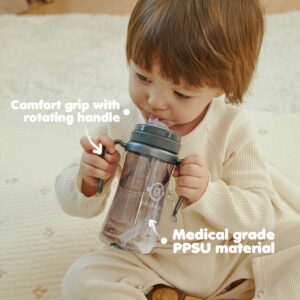 GROSMIMI Spill Proof no Spill Magic Sippy Cup with Straw with Handle for Baby and Toddlers, Customizable, PPSU, BPA Free 10 oz (Charcoal)