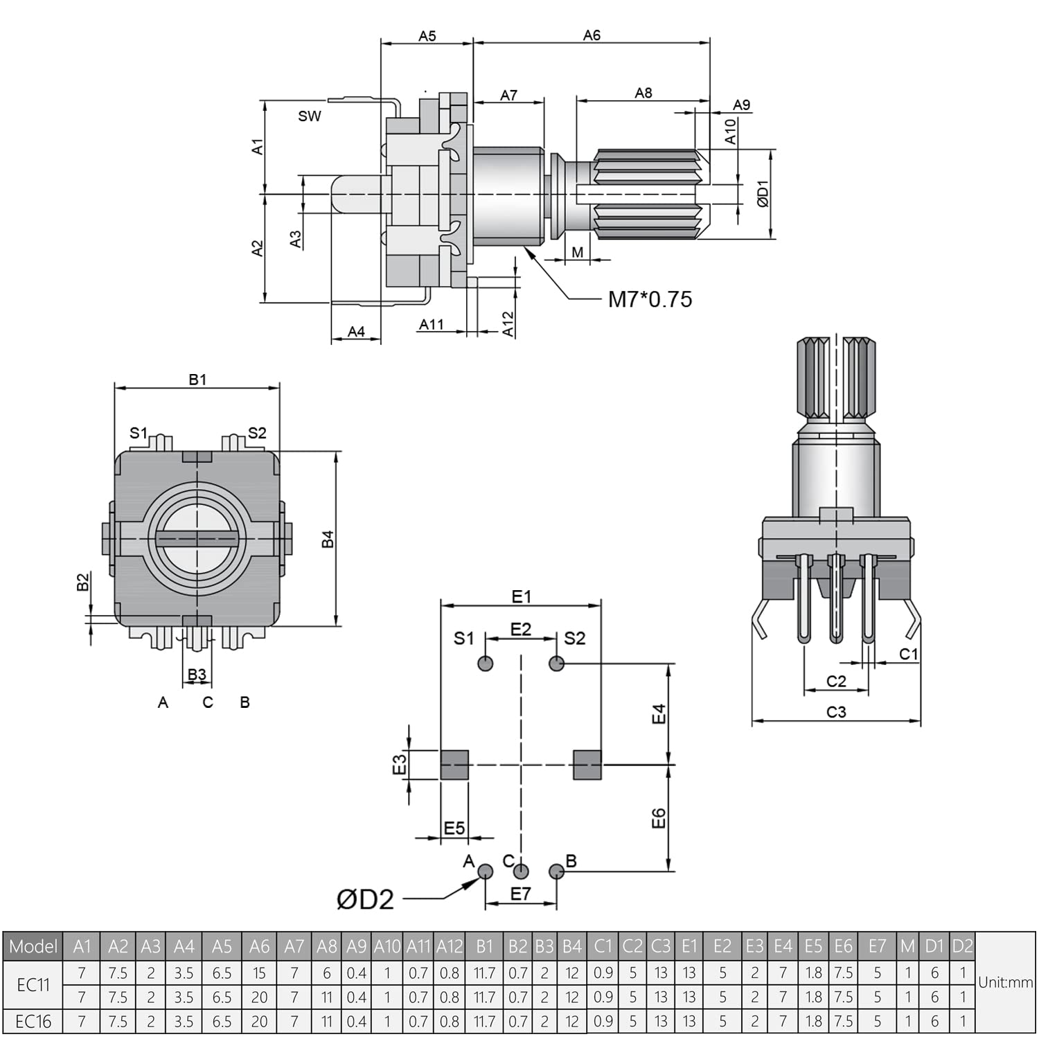 Fielect 5Pcs 360 Degree EC11 Rotary Encoder Code Switch Digital Potentiometer 7 Pins 20mm Shaft