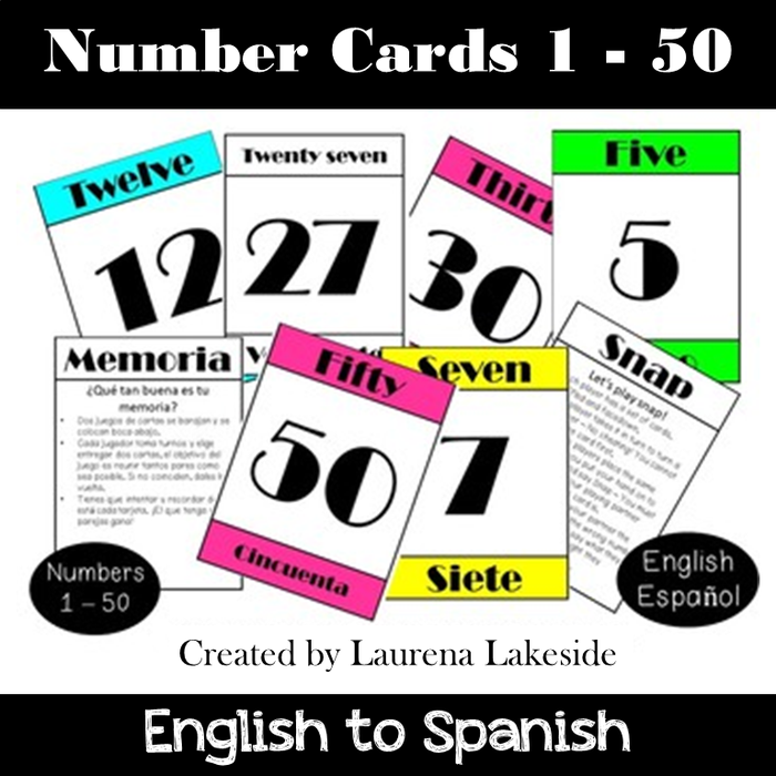 Number Cards: Numbers 1 to 50 – English & Spanish Written Numbers: Wall Display