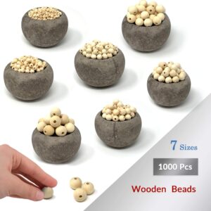 1000pcs Natural Wooden Beads, Round Wood Beads Unfinished Wooden Decorative Beads Loose Spacer Beads for Crafts Making 7 Sizes (20mm, 16mm, 14mm, 12mm,10mm, 8mm, 6mm)