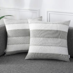 amhoo pack of 2 farmhouse stripe check throw pillow covers set case cotton linen decorative pillowcases cushion cover for couch bench sofa 20x20inch light grey beige