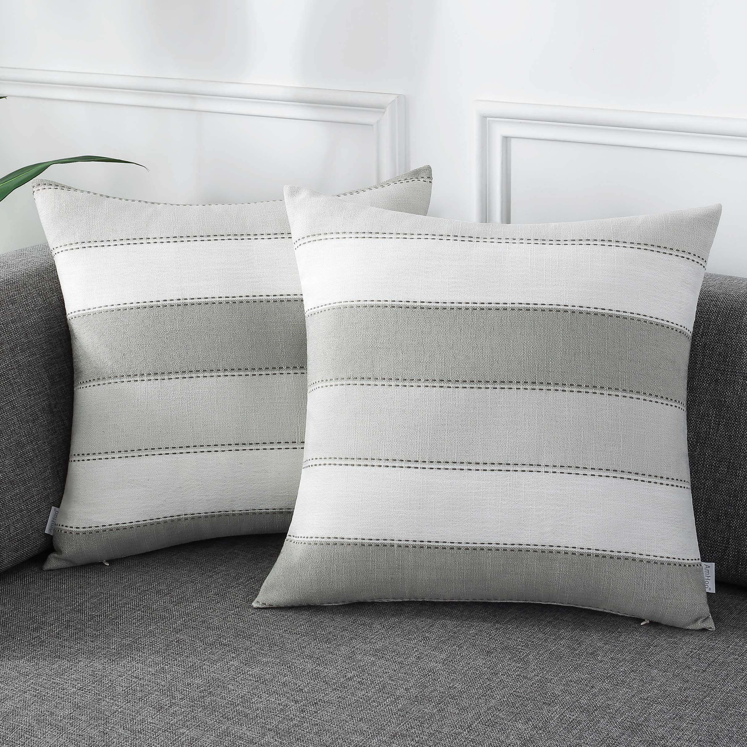 AmHoo Pack of 2 Farmhouse Stripe Check Throw Pillow Covers Set Case Cotton Linen Decorative Pillowcases Cushion Cover for Couch Bench Sofa 20x20Inch Light Grey Beige