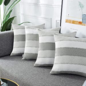 AmHoo Pack of 2 Farmhouse Stripe Check Throw Pillow Covers Set Case Cotton Linen Decorative Pillowcases Cushion Cover for Couch Bench Sofa 20x20Inch Light Grey Beige