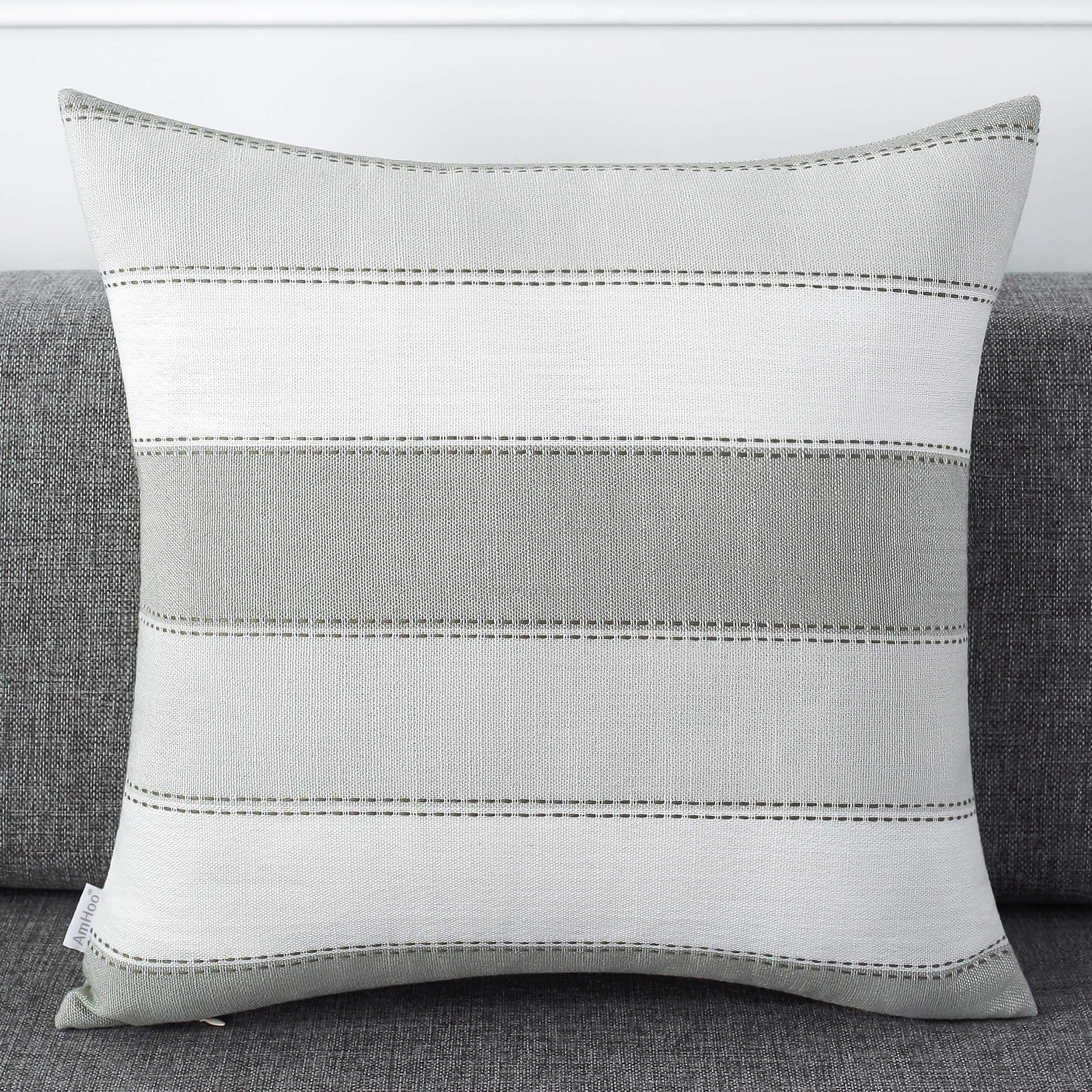 AmHoo Pack of 2 Farmhouse Stripe Check Throw Pillow Covers Set Case Cotton Linen Decorative Pillowcases Cushion Cover for Couch Bench Sofa 20x20Inch Light Grey Beige