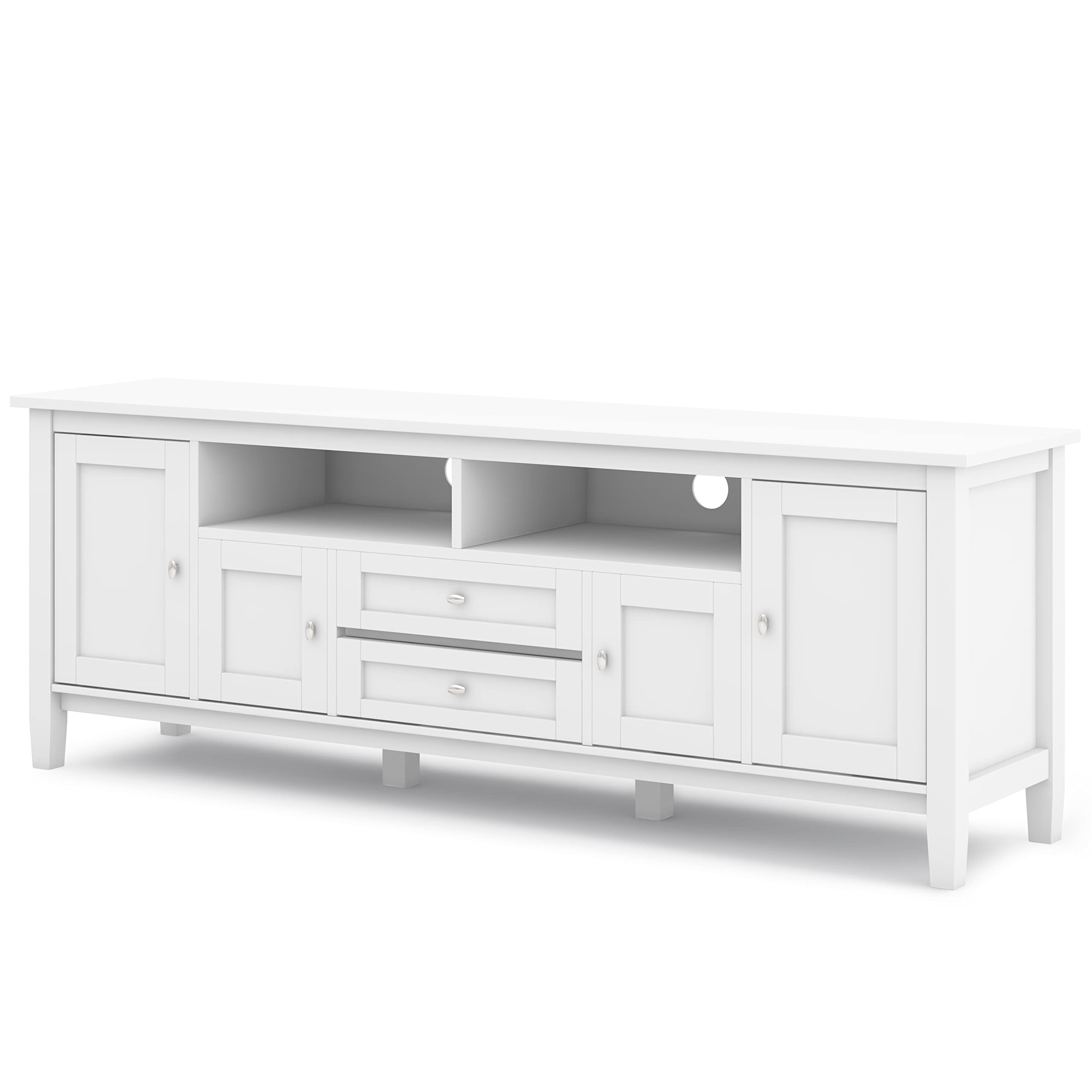 SIMPLIHOME Warm Shaker SOLID WOOD Universal TV Media Stand, 72 inch Wide, Farmhouse Rustic, Living Room Entertainment Center, Storage Shelves and Cabinets, for Flat Screen TVs up to 80 inches in White