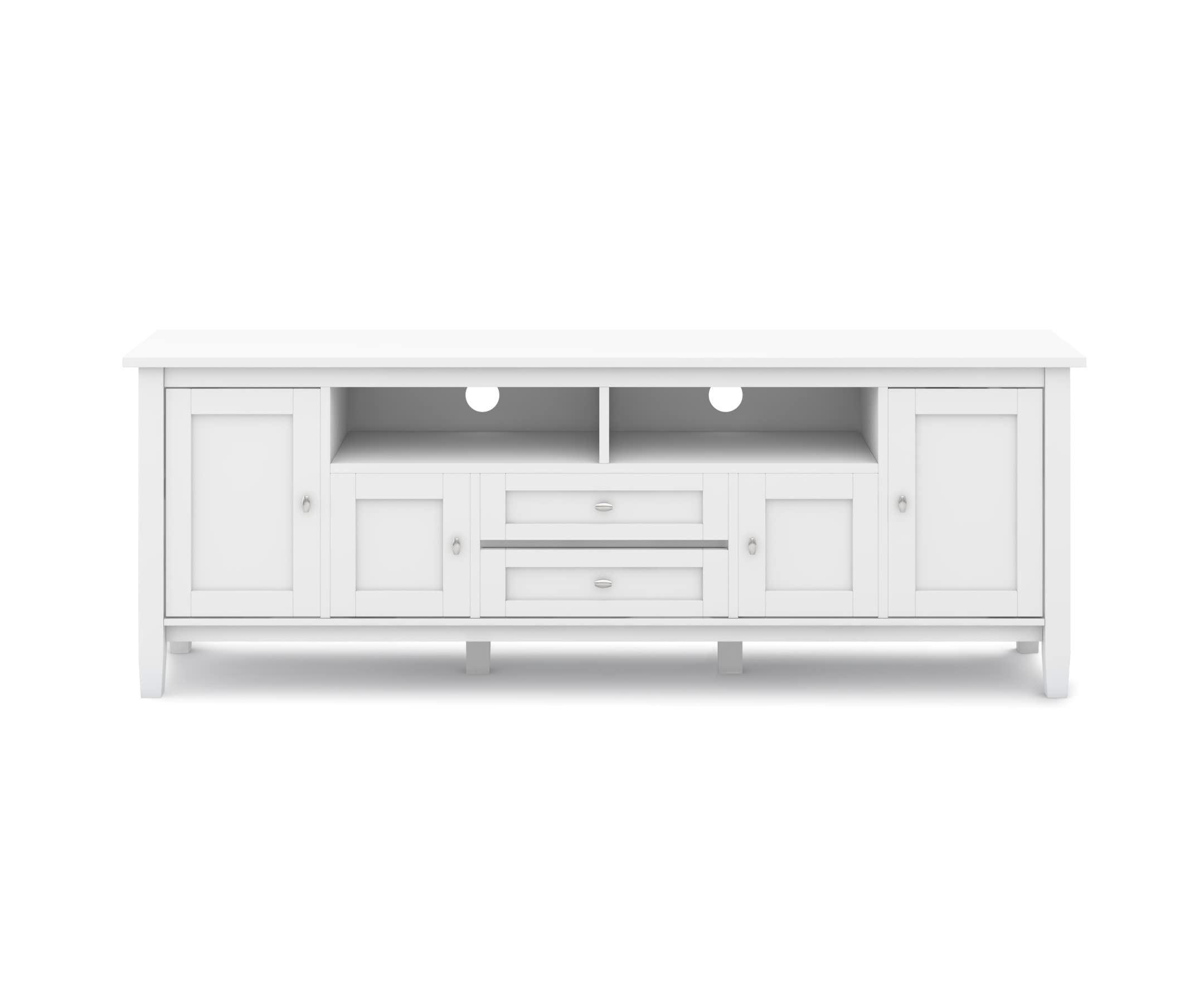 SIMPLIHOME Warm Shaker SOLID WOOD Universal TV Media Stand, 72 inch Wide, Farmhouse Rustic, Living Room Entertainment Center, Storage Shelves and Cabinets, for Flat Screen TVs up to 80 inches in White