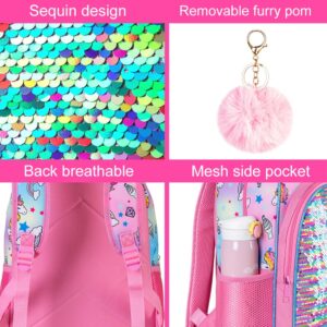 AGSDON 3PCS Unicorn Backpack for Girls, 16" Little Kids Sequin Preschool School Bookbag and Lunch Box