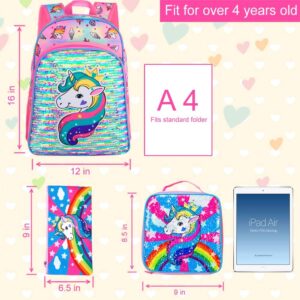 AGSDON 3PCS Unicorn Backpack for Girls, 16" Little Kids Sequin Preschool School Bookbag and Lunch Box