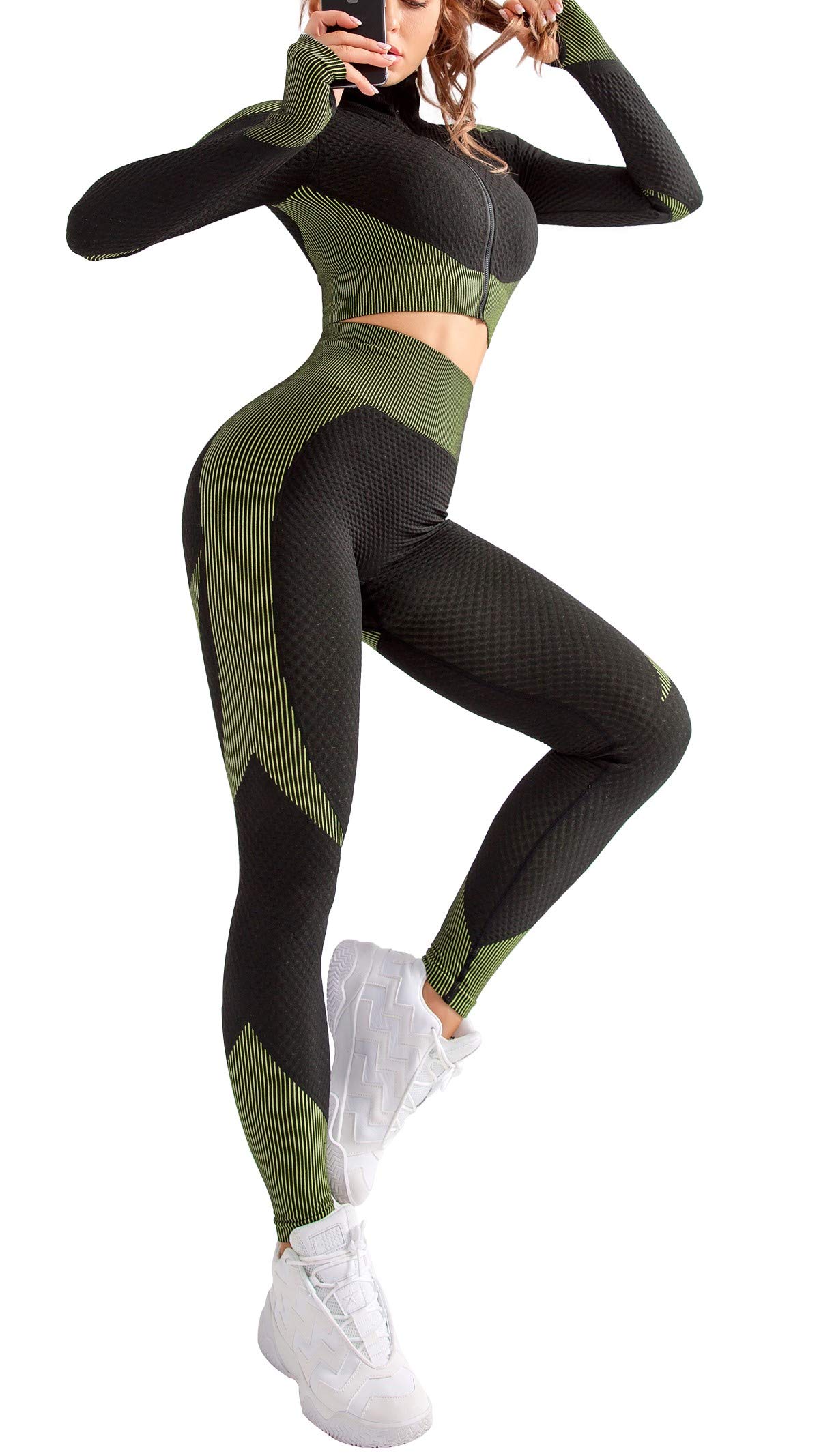 OLCHEE Women's 2 Piece Tracksuit Workout Set - Leggings and Crop Top Green M