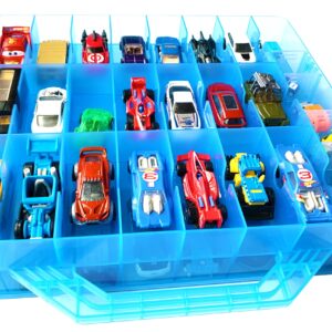 HOME4 Double Sided No BPA Toy Storage Container - Compatible with Mini Toys Brands, Small Dolls Hot Wheels Tools Crafts - Toy Organizer Carrying Case - 48 Compartments (Blue)