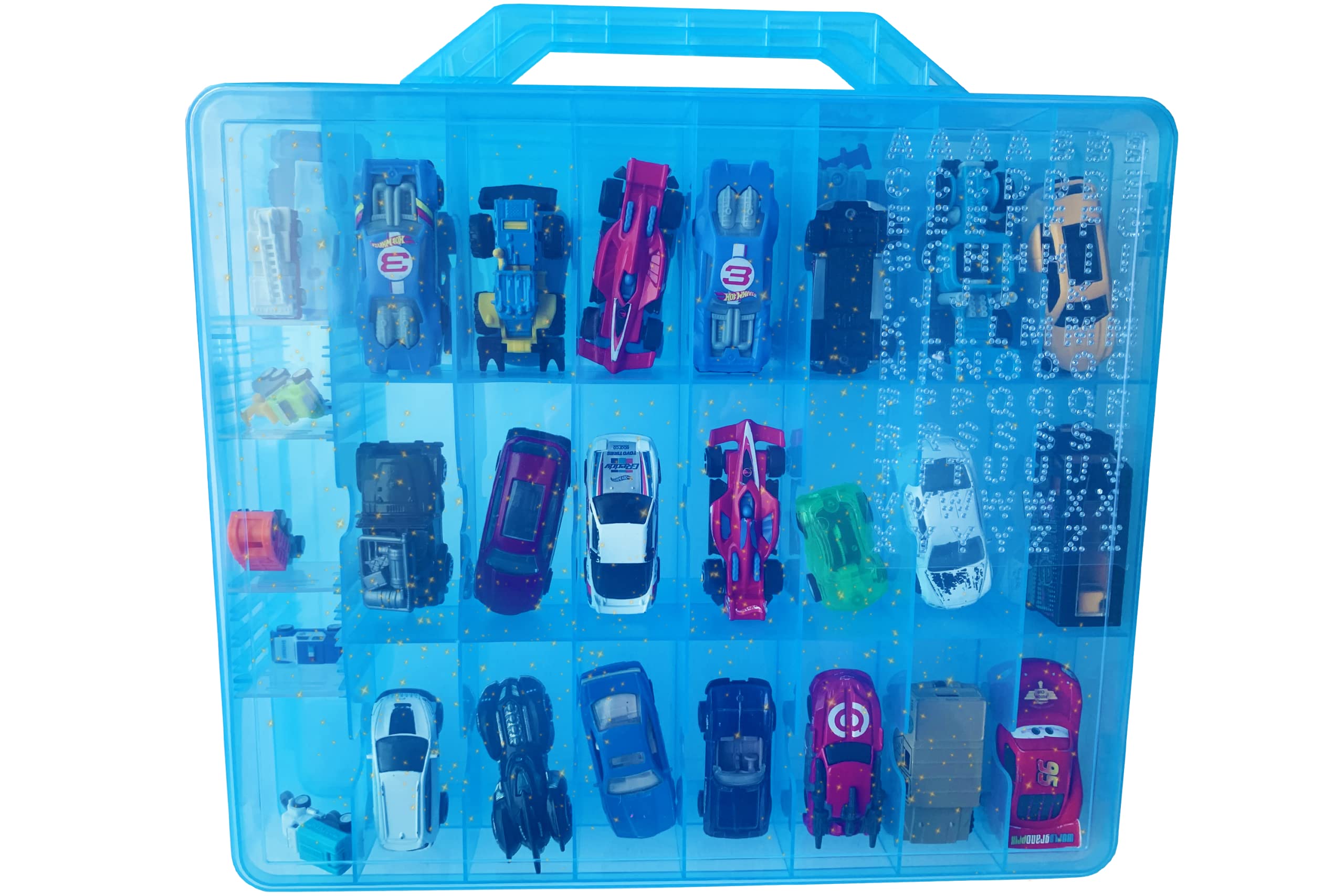 HOME4 Double Sided No BPA Toy Storage Container - Compatible with Mini Toys Brands, Small Dolls Hot Wheels Tools Crafts - Toy Organizer Carrying Case - 48 Compartments (Blue)