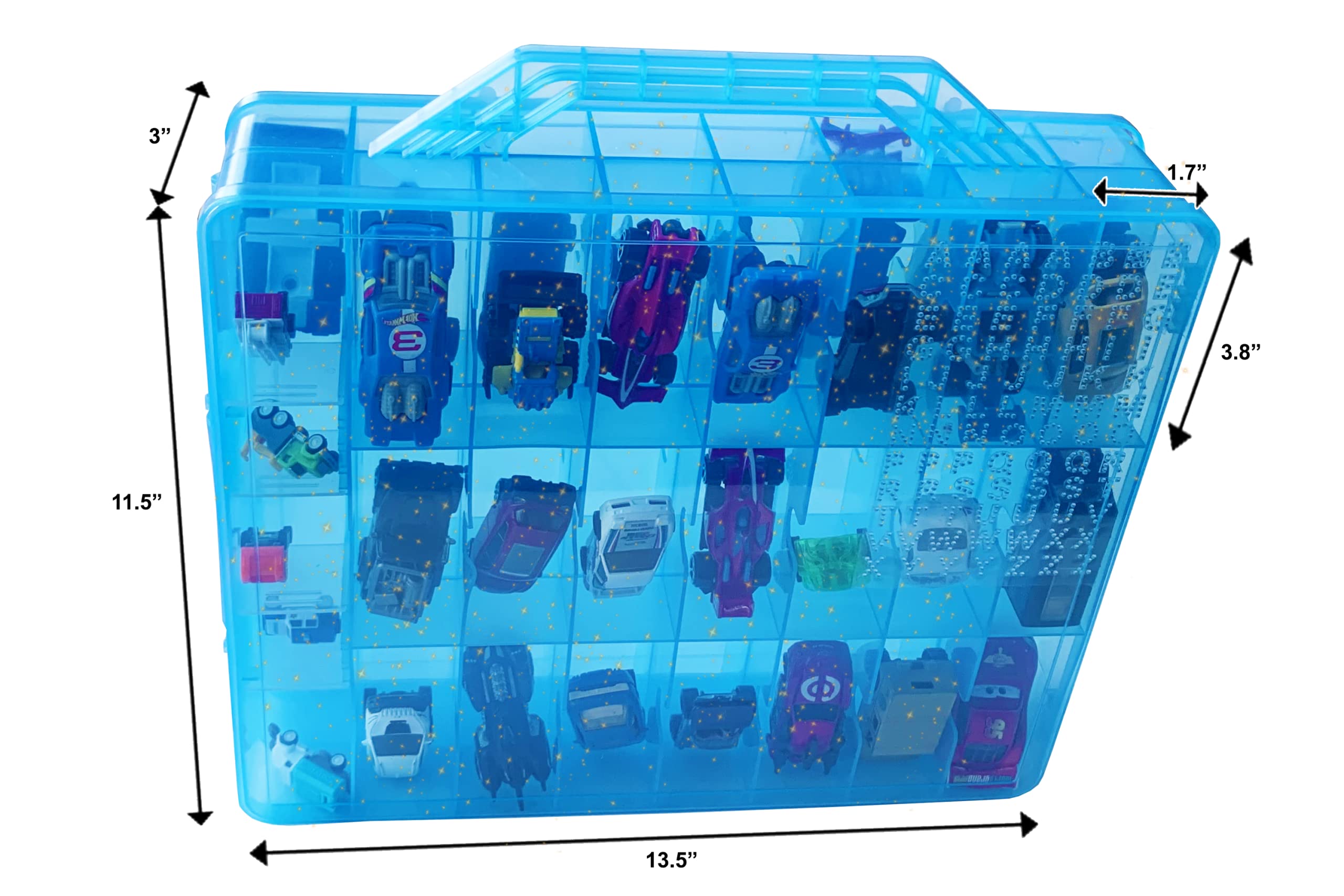 HOME4 Double Sided No BPA Toy Storage Container - Compatible with Mini Toys Brands, Small Dolls Hot Wheels Tools Crafts - Toy Organizer Carrying Case - 48 Compartments (Blue)