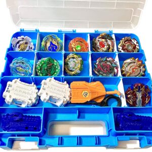 HOME4 Double Sided No BPA Toy Display Storage Container Box - Compatible with Mini Toys, Small Dolls, Tools Beyblade - Heavy Duty Organizer Carrying Case - 34 Adjustable Compartments (Blue)