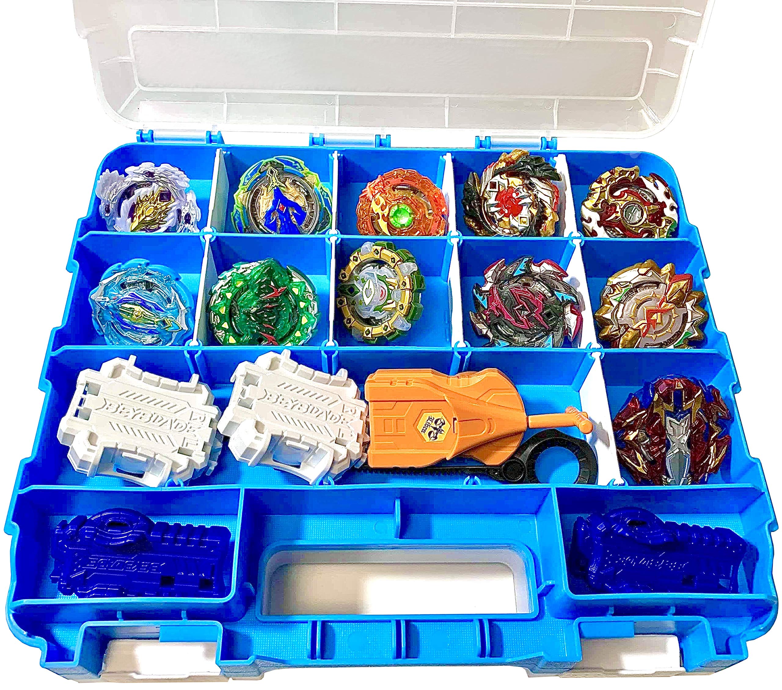 HOME4 Double Sided No BPA Toy Display Storage Container Box - Compatible with Mini Toys, Small Dolls, Tools Beyblade - Heavy Duty Organizer Carrying Case - 34 Adjustable Compartments (Blue)