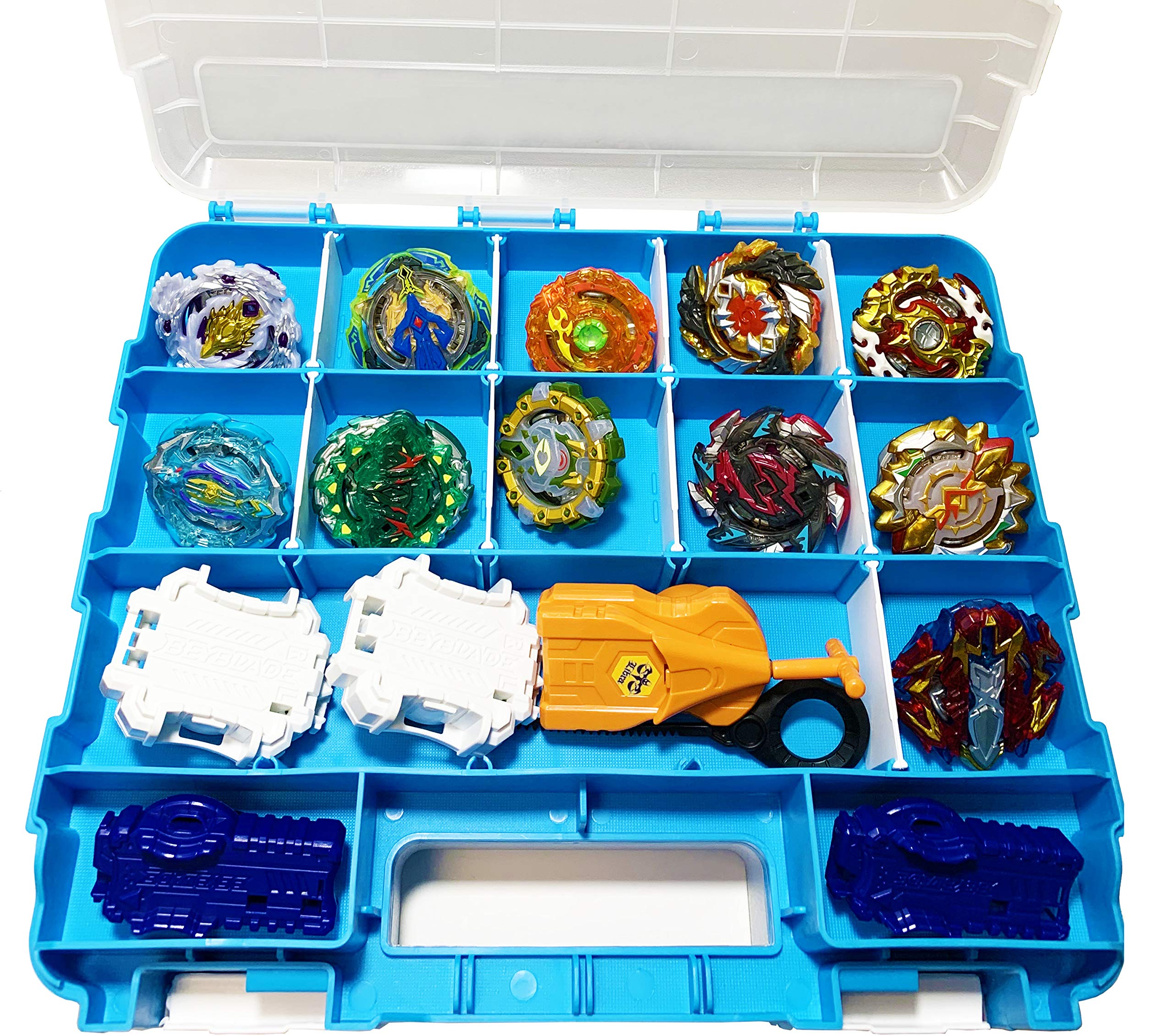 HOME4 Double Sided No BPA Toy Display Storage Container Box - Compatible with Mini Toys, Small Dolls, Tools Beyblade - Heavy Duty Organizer Carrying Case - 34 Adjustable Compartments (Blue)