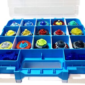 HOME4 Double Sided No BPA Toy Display Storage Container Box - Compatible with Mini Toys, Small Dolls, Tools Beyblade - Heavy Duty Organizer Carrying Case - 34 Adjustable Compartments (Blue)