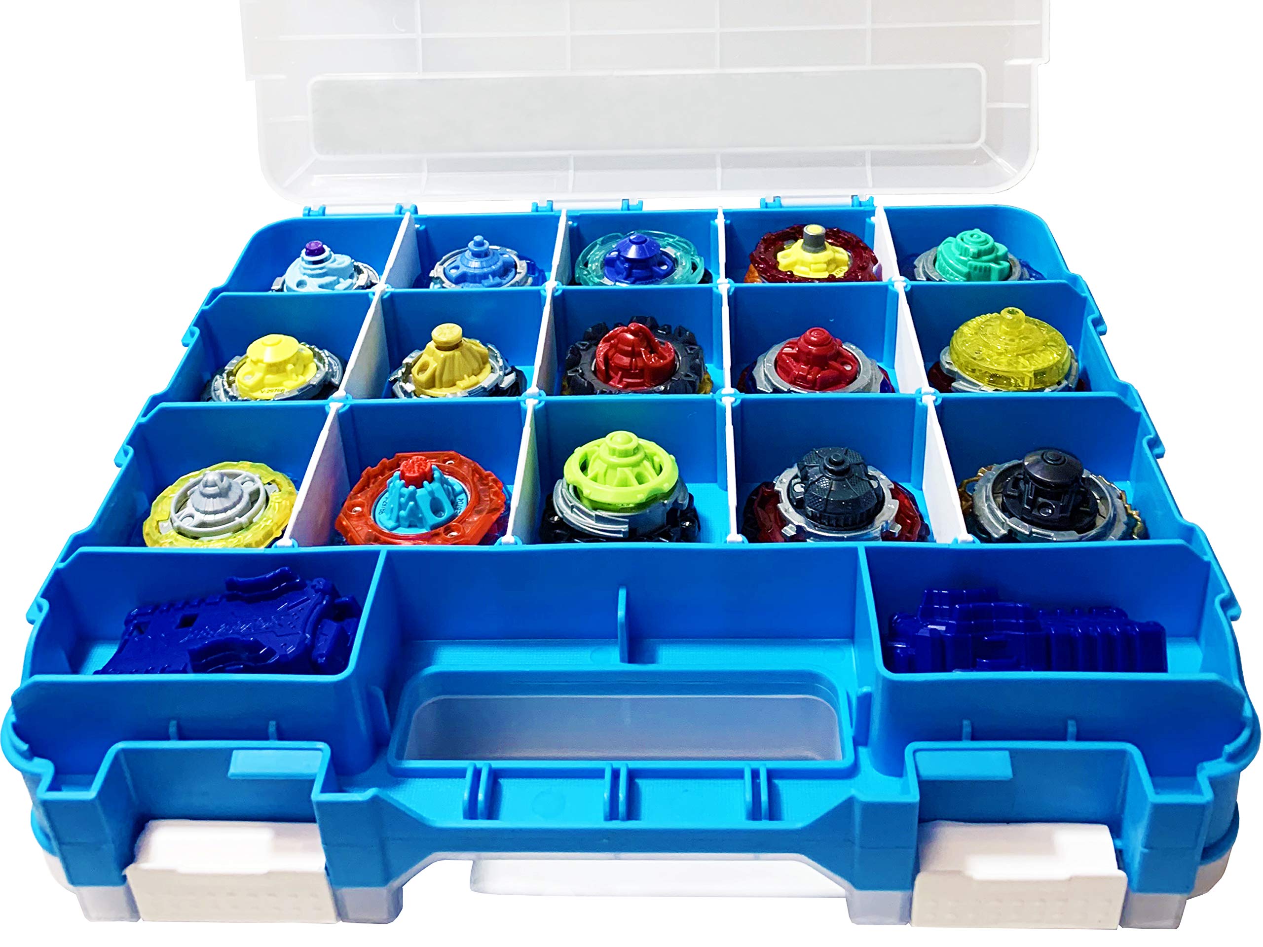 HOME4 Double Sided No BPA Toy Display Storage Container Box - Compatible with Mini Toys, Small Dolls, Tools Beyblade - Heavy Duty Organizer Carrying Case - 34 Adjustable Compartments (Blue)