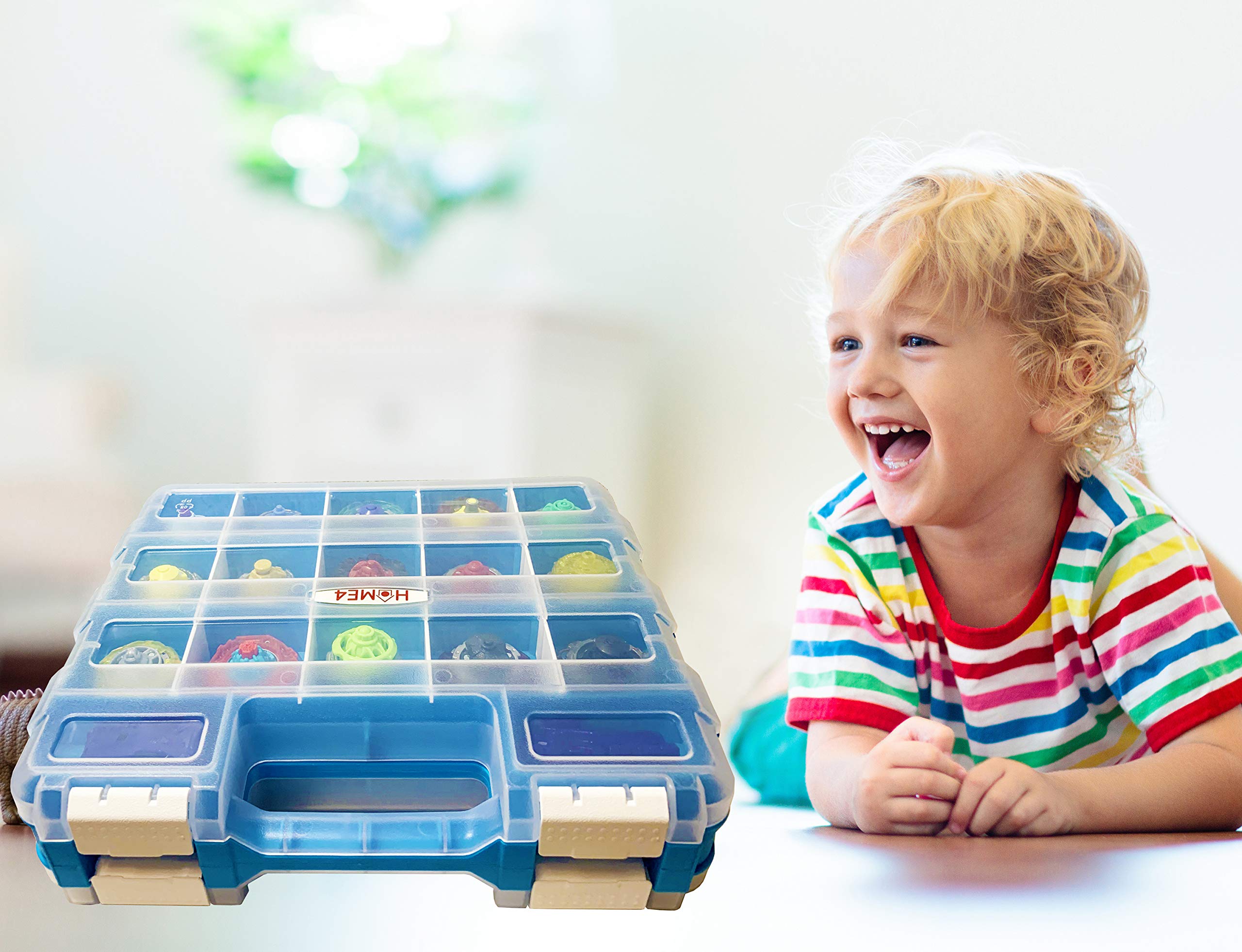 HOME4 Double Sided No BPA Toy Display Storage Container Box - Compatible with Mini Toys, Small Dolls, Tools Beyblade - Heavy Duty Organizer Carrying Case - 34 Adjustable Compartments (Blue)