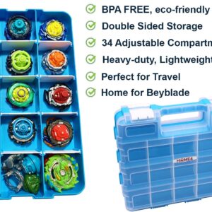 HOME4 Double Sided No BPA Toy Display Storage Container Box - Compatible with Mini Toys, Small Dolls, Tools Beyblade - Heavy Duty Organizer Carrying Case - 34 Adjustable Compartments (Blue)