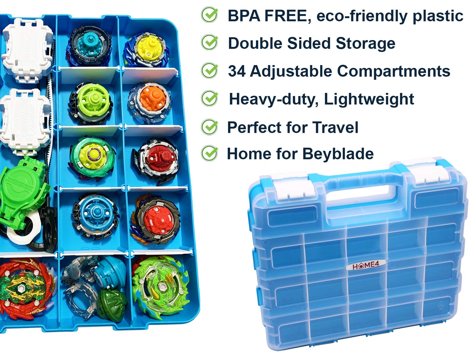 HOME4 Double Sided No BPA Toy Display Storage Container Box - Compatible with Mini Toys, Small Dolls, Tools Beyblade - Heavy Duty Organizer Carrying Case - 34 Adjustable Compartments (Blue)