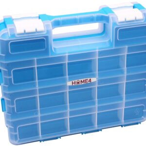 HOME4 Double Sided No BPA Toy Display Storage Container Box - Compatible with Mini Toys, Small Dolls, Tools Beyblade - Heavy Duty Organizer Carrying Case - 34 Adjustable Compartments (Blue)