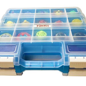 HOME4 Double Sided No BPA Toy Display Storage Container Box - Compatible with Mini Toys, Small Dolls, Tools Beyblade - Heavy Duty Organizer Carrying Case - 34 Adjustable Compartments (Blue)