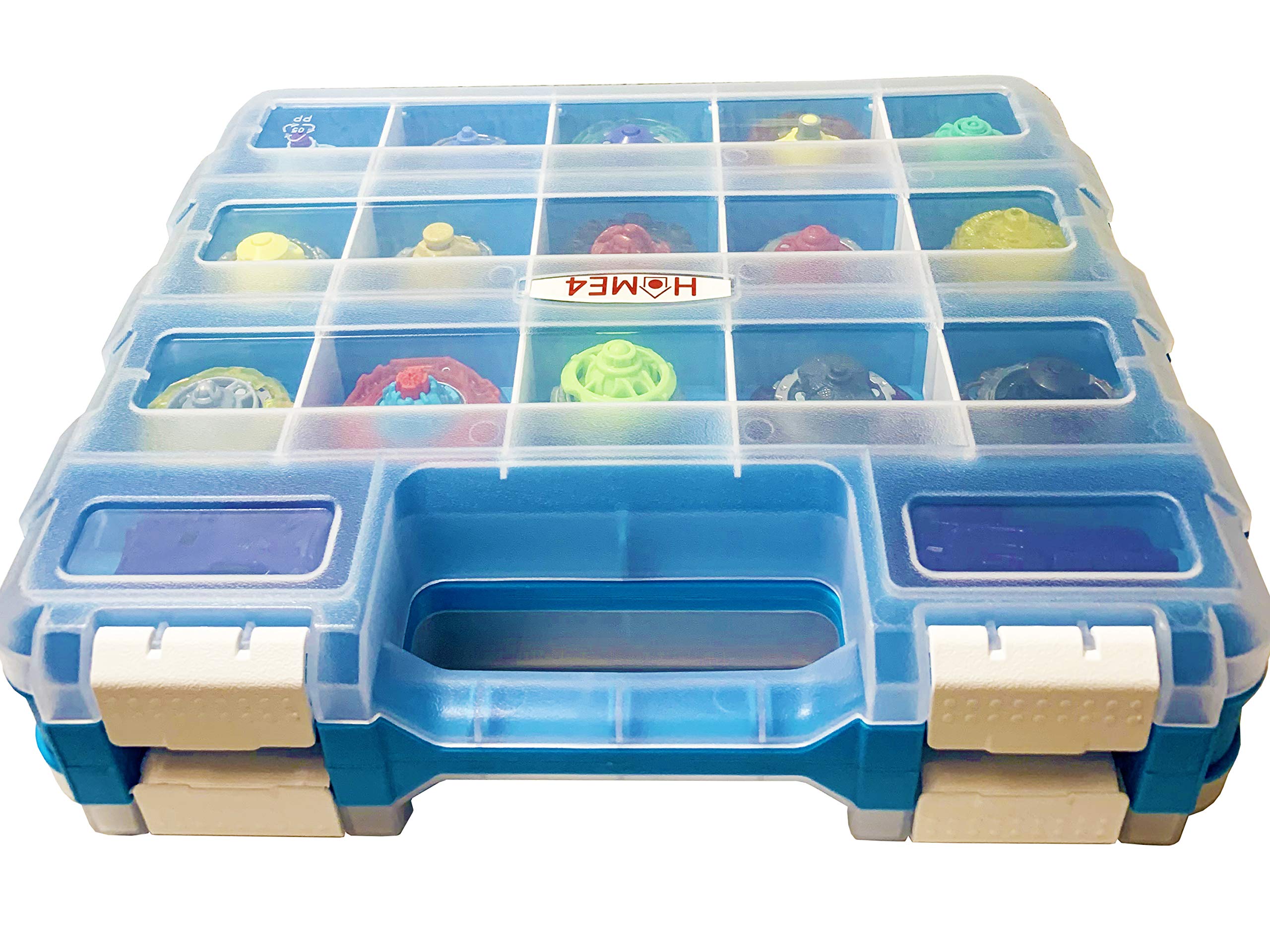 HOME4 Double Sided No BPA Toy Display Storage Container Box - Compatible with Mini Toys, Small Dolls, Tools Beyblade - Heavy Duty Organizer Carrying Case - 34 Adjustable Compartments (Blue)