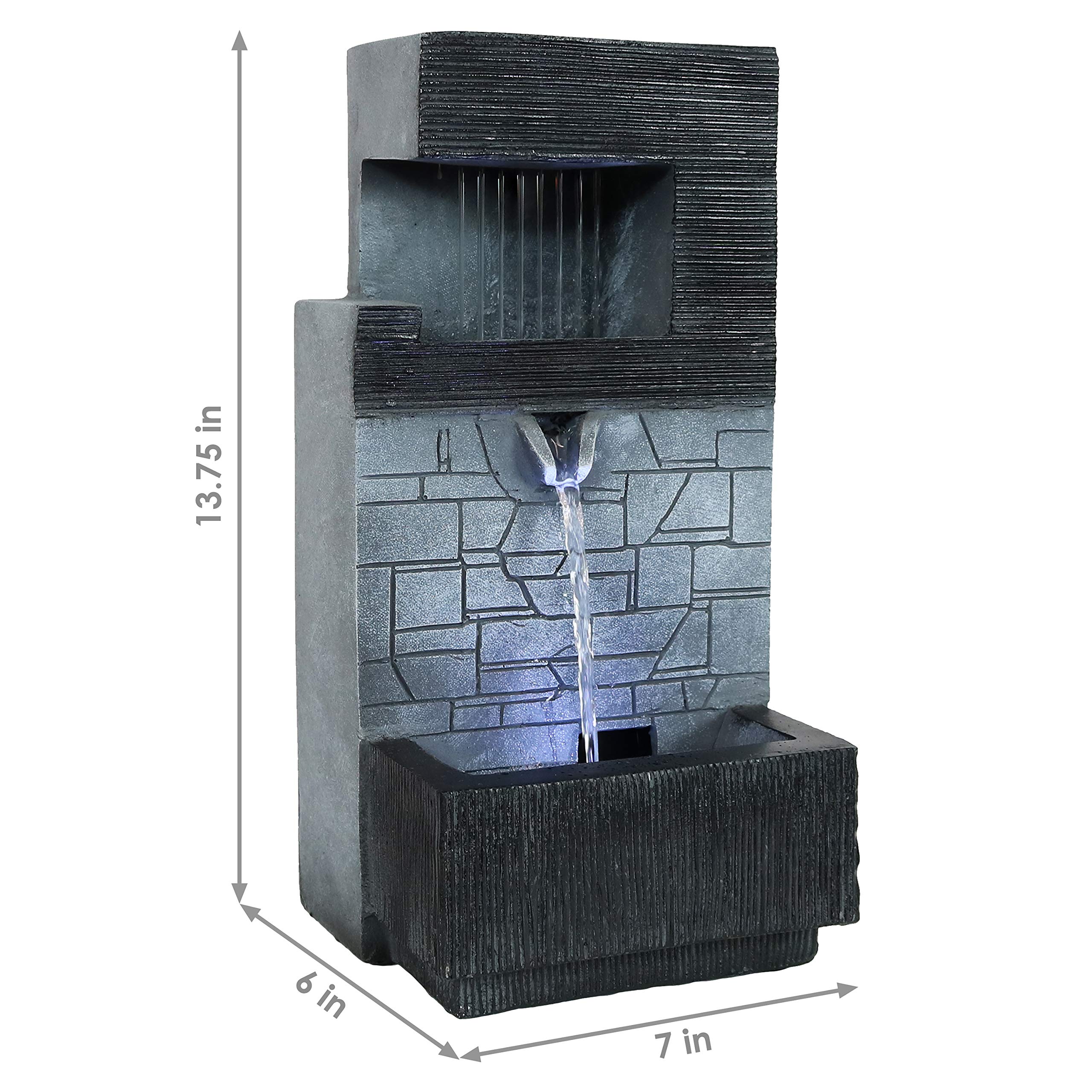 Sunnydaze Tiered Brick Wall 13-Inch Tabletop Fountain with LED Light - Electric Submersible Pump with Adjustable Flow