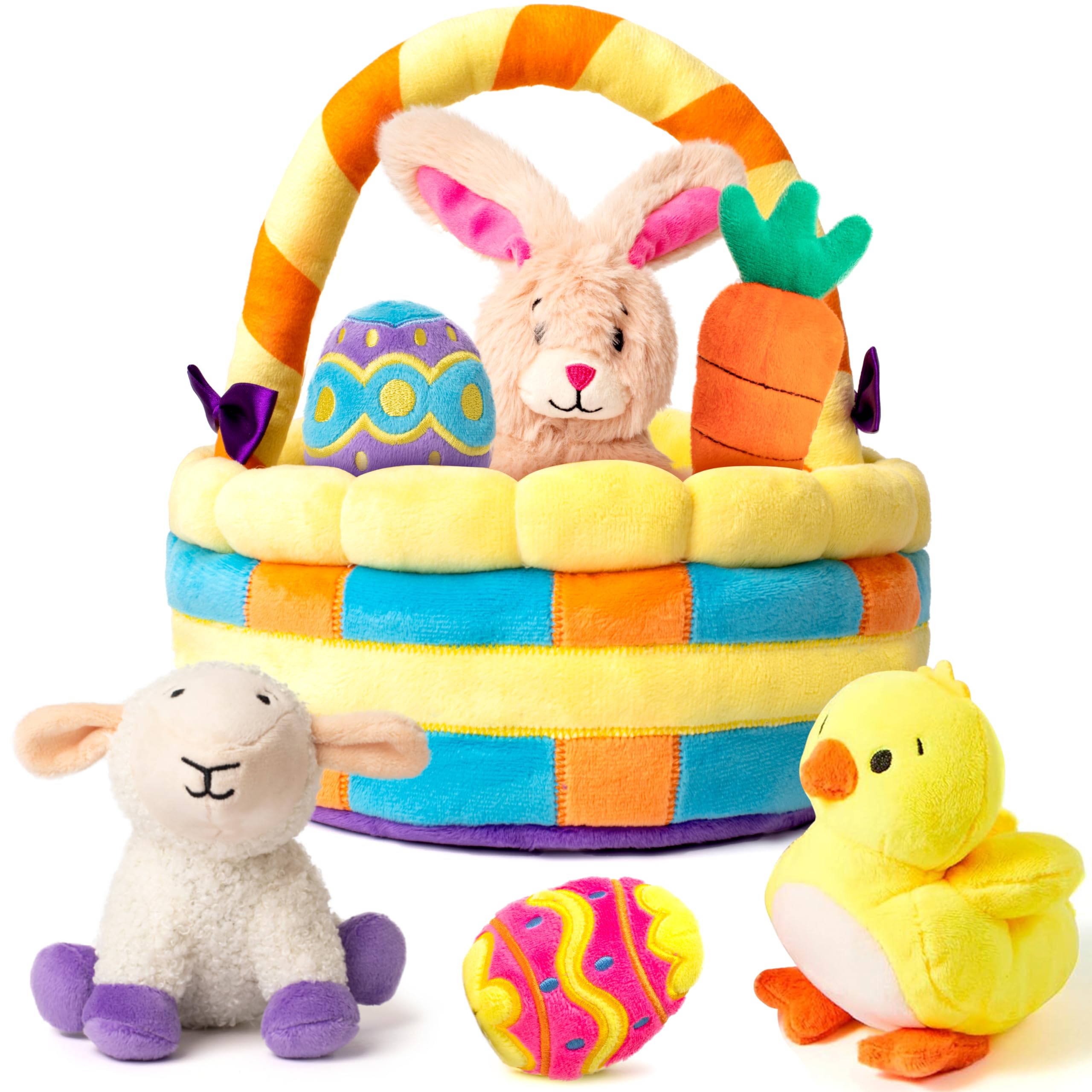 JOYIN 7 Pcs Easter Basket Plushies playset Easter Basket Stuffers Toys for Easter Party Favors Plush Easter Basket for Kids of All Ages