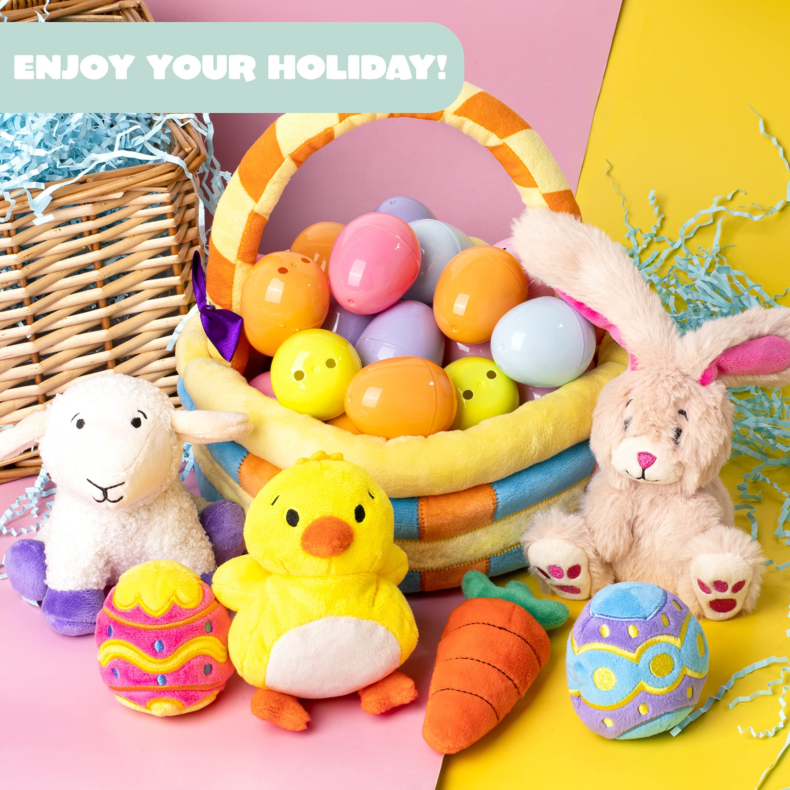 JOYIN 7 Pcs Easter Basket Plushies playset Easter Basket Stuffers Toys for Easter Party Favors Plush Easter Basket for Kids of All Ages