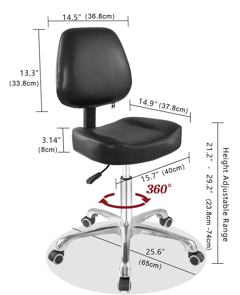 Grace&Grace Rolling Shop Stool Chair with Back Support for Drafting,Work,Studio,Workshop,Office,Rolling Vanity Chair with Wheels (Black, Without Foot Rest)