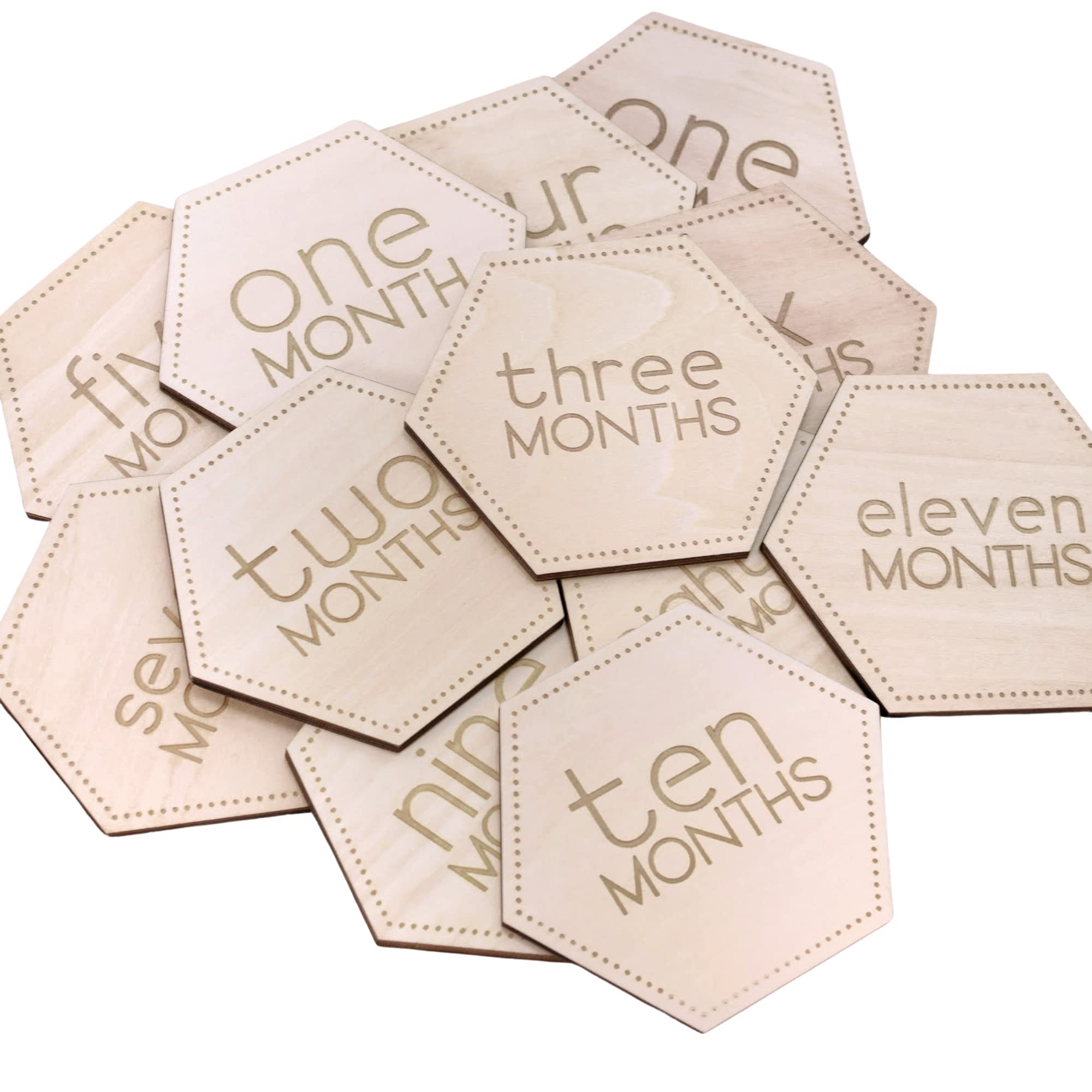 Wooden Baby Monthly Cards. Cute Unisex, Reversible, and Laser Engraved Blocks. Set of 24 Sayings Plus a Customizable Birth Card. Natural Wood Disc Photo Props for Boy or Girl in Keepsake Gift Bag