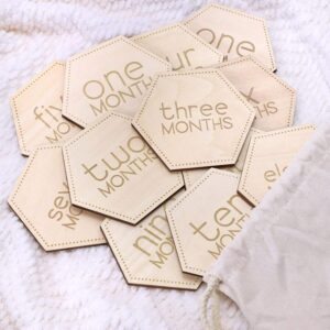 Wooden Baby Monthly Cards. Cute Unisex, Reversible, and Laser Engraved Blocks. Set of 24 Sayings Plus a Customizable Birth Card. Natural Wood Disc Photo Props for Boy or Girl in Keepsake Gift Bag