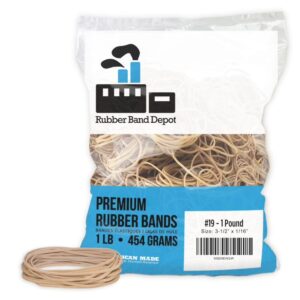 rubber bands, rubber band depot, size #19, approximately 335 rubber bands per bag, rubber band measurements: 3-1/2" x 1/16'' - 1/4 pound bag