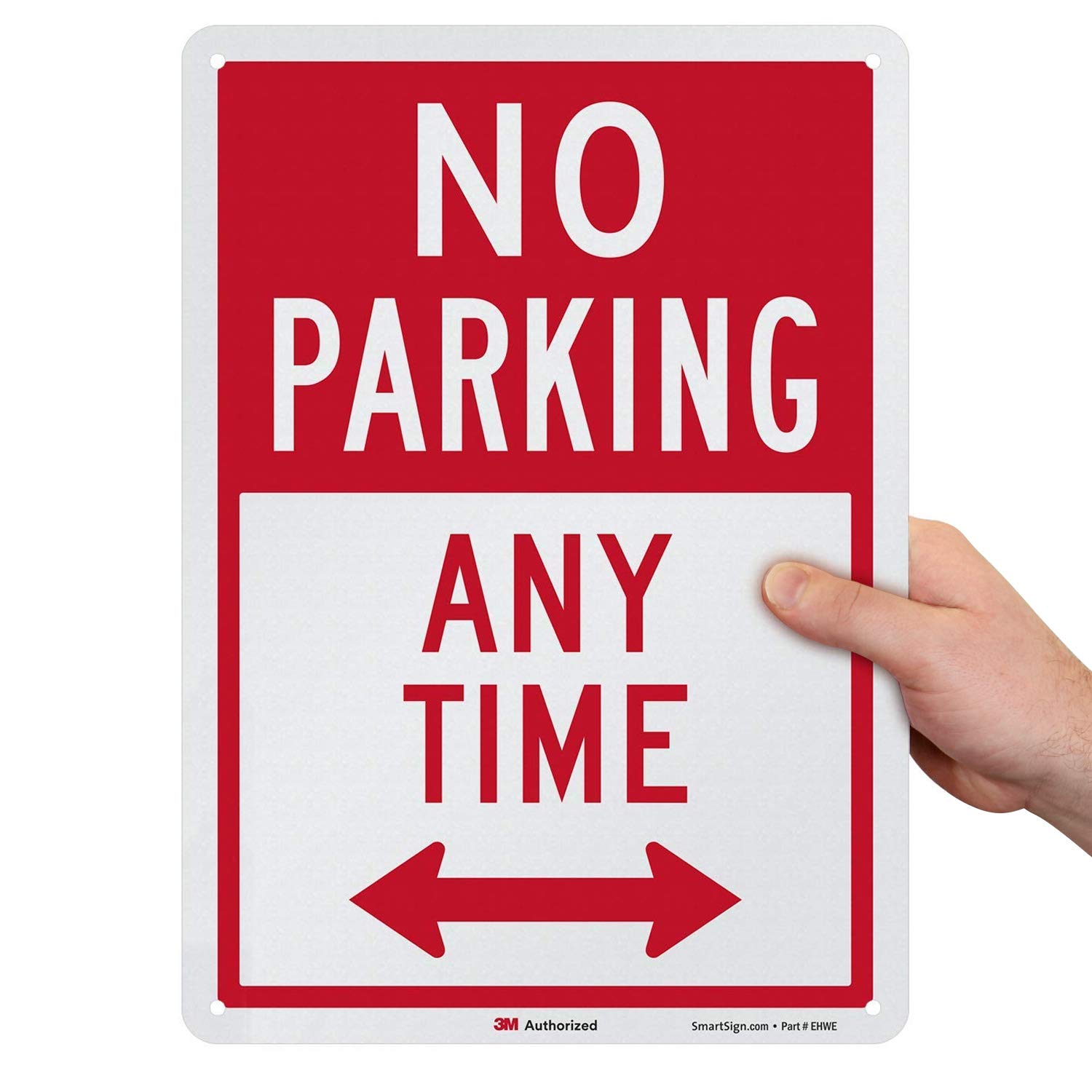 SmartSign 14 x 10 inch “No Parking - Any Time” Metal Sign with Bidirectional Arrow, 40 mil Aluminum, Engineer Grade Reflective Material, Red and White