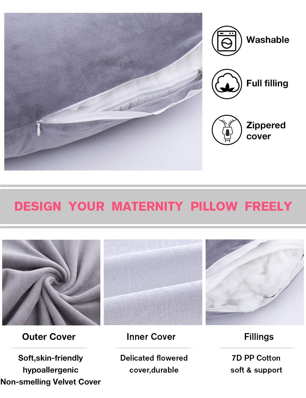 AS AWESLING Pregnancy Pillow, U Shaped Full Body Pillow, Nursing, Support and Maternity Pillow for Pregnant Women with Removable Velvet Cover (Grey)