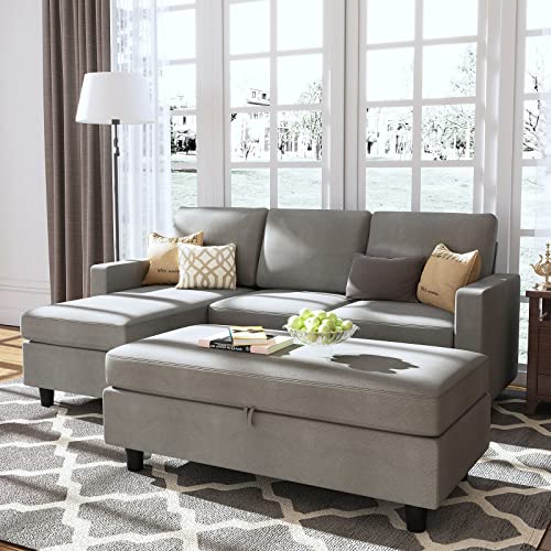 HONBAY Grey Sectional Couch with Ottoman, Convertible L Shaped Sectional Sofa Set Sectionals with Left or Right Facing Chaise for Living Room