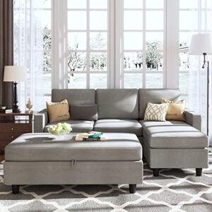 HONBAY Grey Sectional Couch with Ottoman, Convertible L Shaped Sectional Sofa Set Sectionals with Left or Right Facing Chaise for Living Room