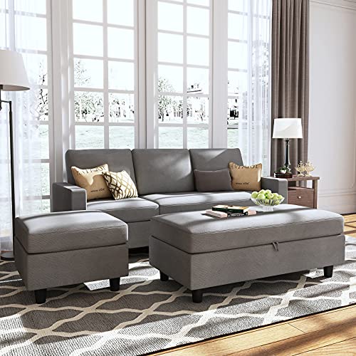 HONBAY Grey Sectional Couch with Ottoman, Convertible L Shaped Sectional Sofa Set Sectionals with Left or Right Facing Chaise for Living Room