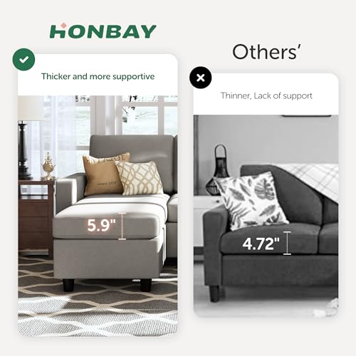 HONBAY Grey Sectional Couch with Ottoman, Convertible L Shaped Sectional Sofa Set Sectionals with Left or Right Facing Chaise for Living Room