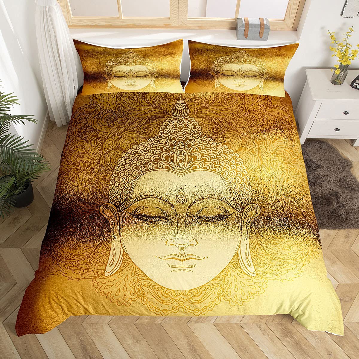 Erosebridal Golden Mandala Duvet Cover King Asian Culture Theme Decor Bedding Set 3 Pieces Exotic Retro Style Comforter Cover for Adult Women Teen Kids Ultra Soft Bedspread with Zipper Ties