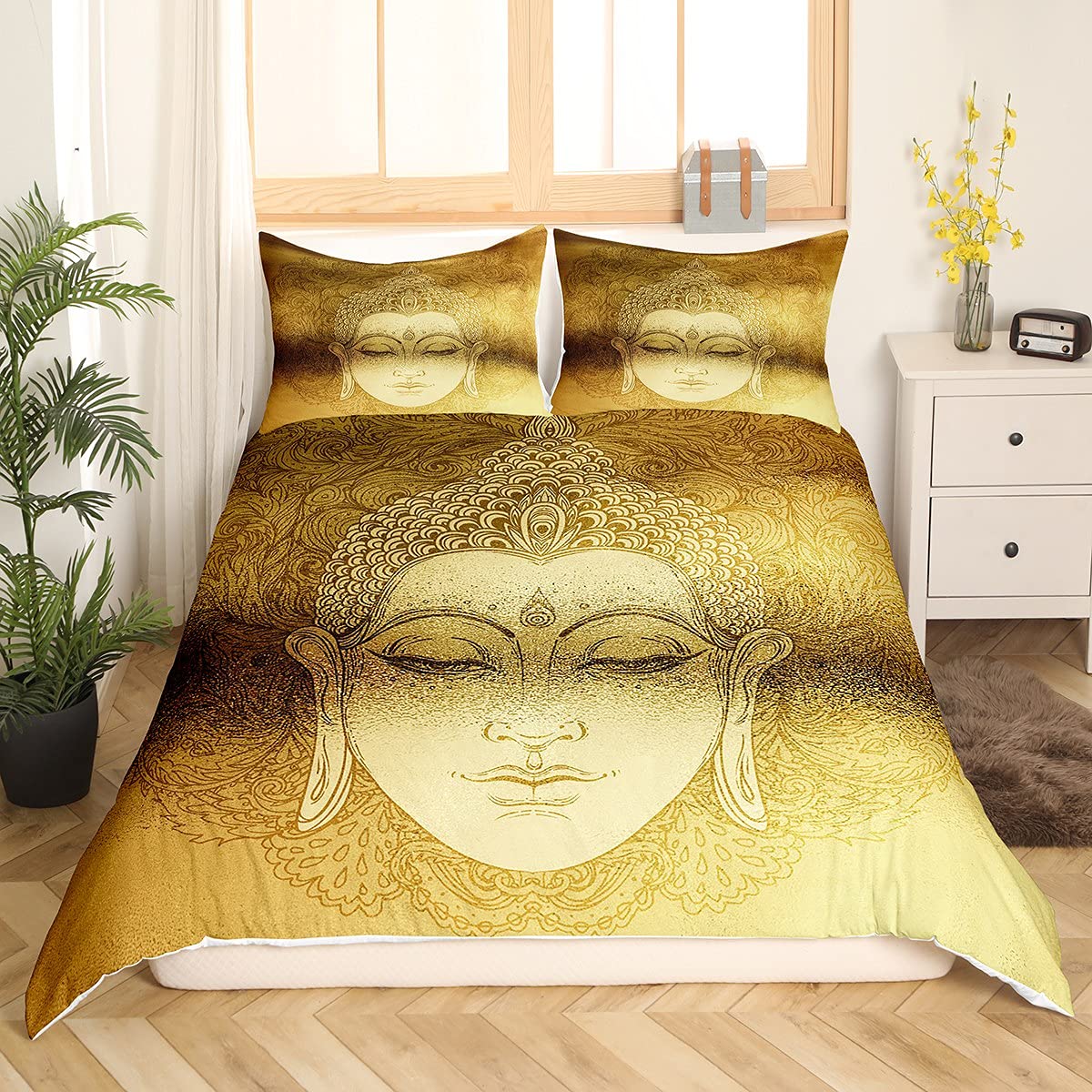 Erosebridal Golden Mandala Duvet Cover King Asian Culture Theme Decor Bedding Set 3 Pieces Exotic Retro Style Comforter Cover for Adult Women Teen Kids Ultra Soft Bedspread with Zipper Ties