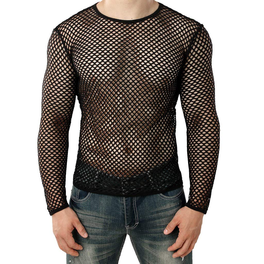 VOWUA Men's Mesh See Through Fishnet Shirts Muscle Pullover Long Sleeves Crew Neck Casual Clubwear Blouse Black