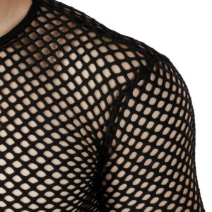 VOWUA Men's Mesh See Through Fishnet Shirts Muscle Pullover Long Sleeves Crew Neck Casual Clubwear Blouse Black