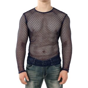 vowua men's mesh see through fishnet shirts muscle pullover long sleeves crew neck casual clubwear blouse navy