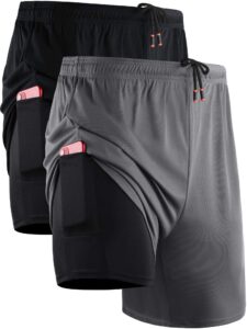 neleus men's 2 in 1 running shorts with liner,dry fit workout shorts with pockets,6070,2 pack,black/grey,us m,eu l