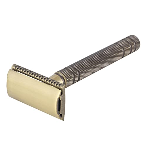 Double Edge Safety Razor Long Handle - Brass Bronze Blade Replaceable Razors,For Men Shaving Classic Razor,Reusable Metal Manual Shavers Close Comb