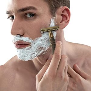 Double Edge Safety Razor Long Handle - Brass Bronze Blade Replaceable Razors,For Men Shaving Classic Razor,Reusable Metal Manual Shavers Close Comb