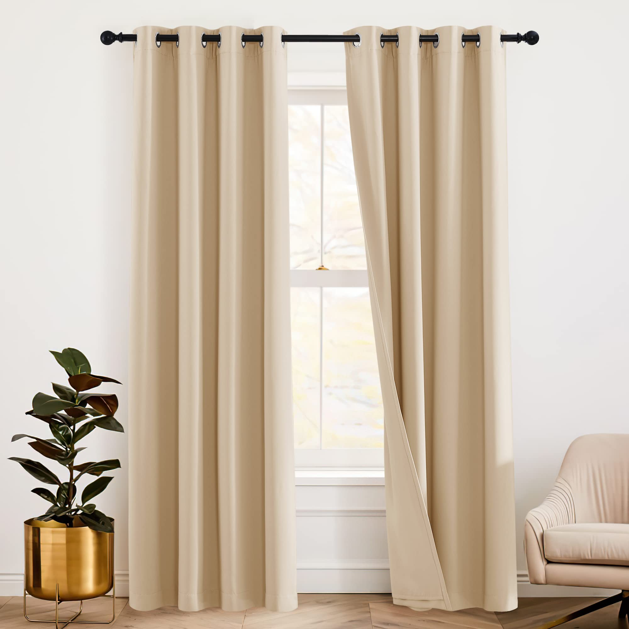 RYB HOME Noise - Blackout - Thermal Insulated Curtains for High Ceiling Window Decoration, 3 Layers Notoxic Detachable Felt Liner for Studio Sliding Door Bedroom, 52 x 95, Biscotti Beige, 1 Pair